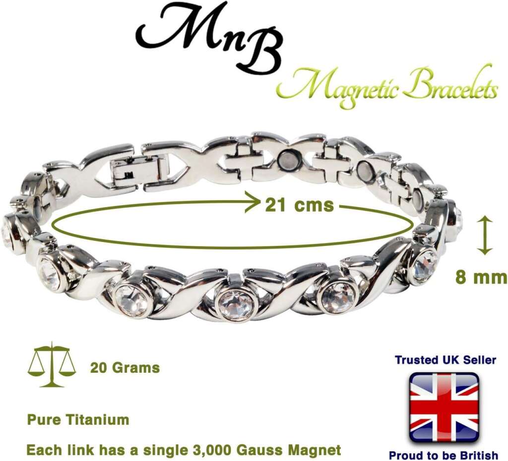 Titanium Magnetic Bracelet in Silver with Crystals - MnB Magnetic Jewellery